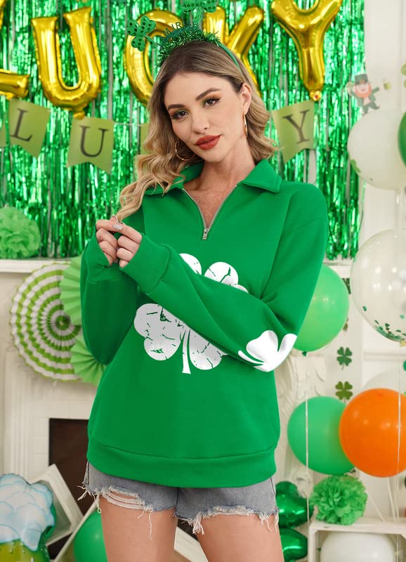 St Patricks Day Sweatshirt Women Long Sleeve Casual Half Zipper Sweatshirt Lapel Clover Pullover Tops Green XL