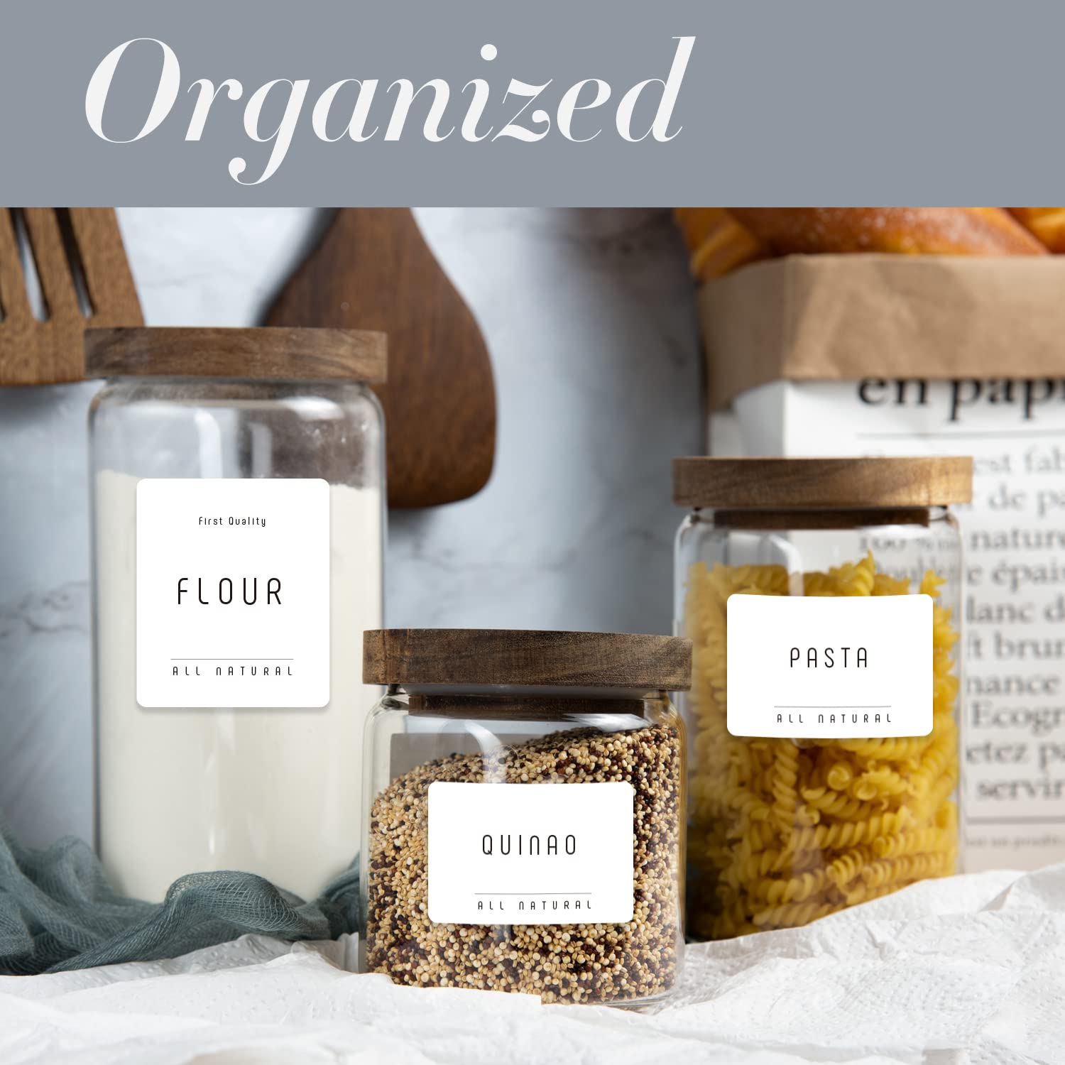 v2croft 134 Pantry Labels for Containers, Minimalist Farmhouse Style, White Matte Stickers Black Text, Preprinted Organizaiton Labels for Jars, Bottles & Canisters Storage Bins(Waterproof)