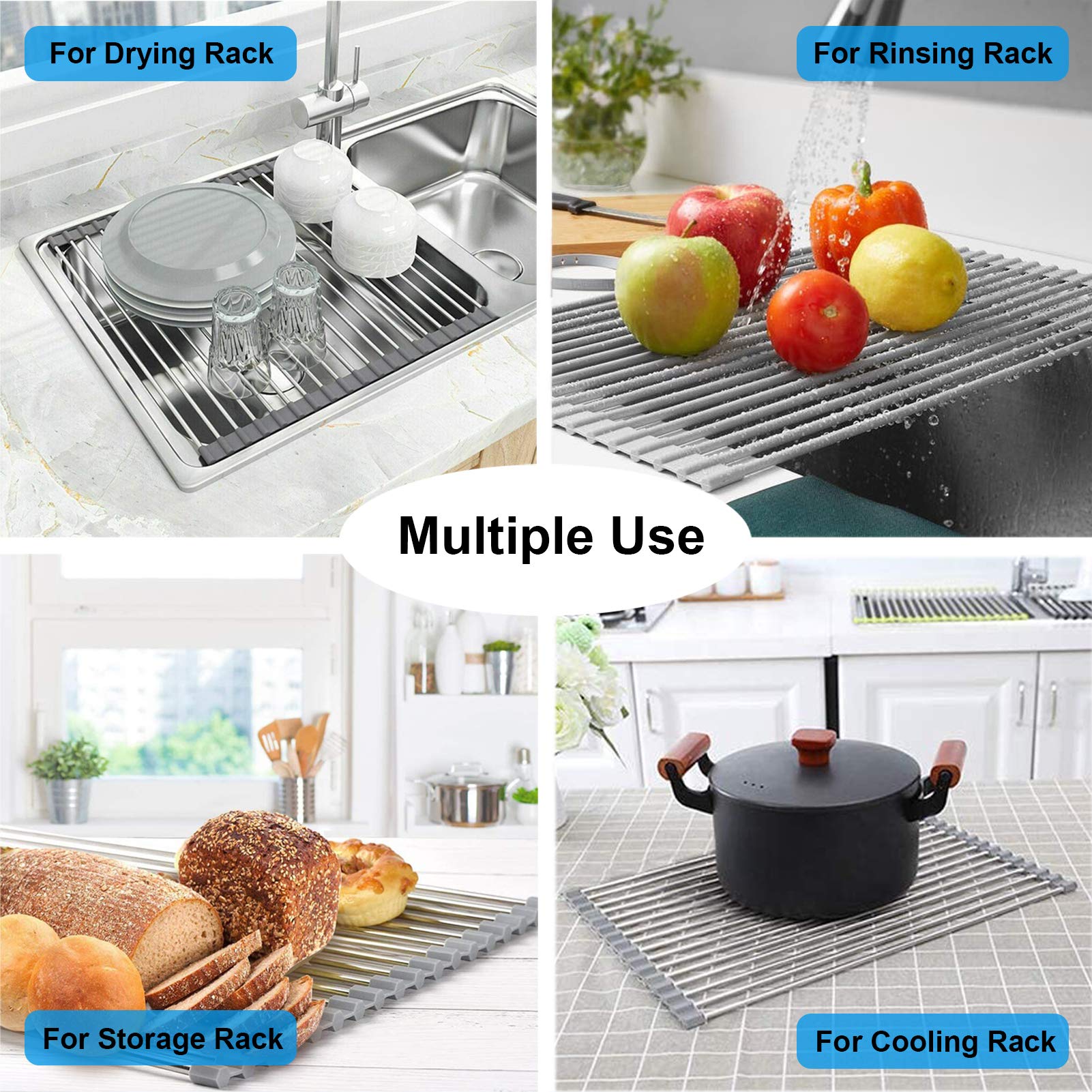 Searik Extra Large 20.5"x19.7" Dish Drying Rack Roll Up Sink Drying Rack, Over The Sink Dish Rack Multi-Use Stainless Steel Dish Drainers Heat Resistant Mat for Drying Draining Trivet
