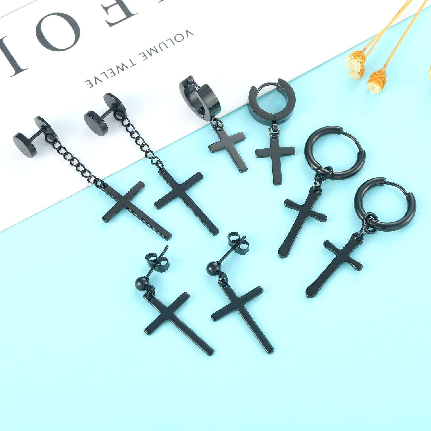 Szory 10 Pairs Stud Hoop Cross Earrings for Men Women Stainless Steel Cubic Zirconia Silver
