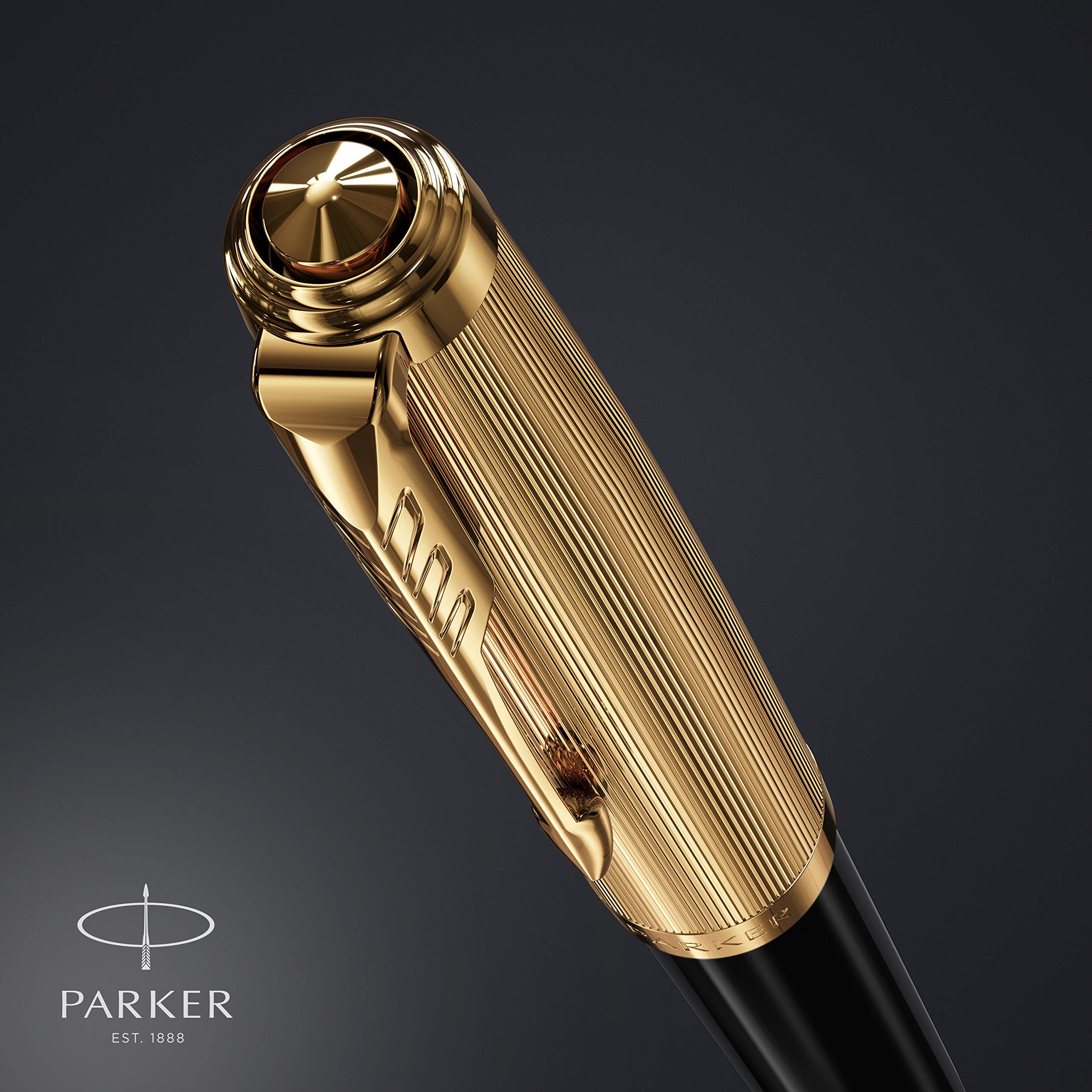 PARKER 51 Deluxe Fountain Pen | Black Barrel and Gold Attributes | Medium Nib in 18 Carat Gold | Black Ink Cartridge | Delivered in Gift Box