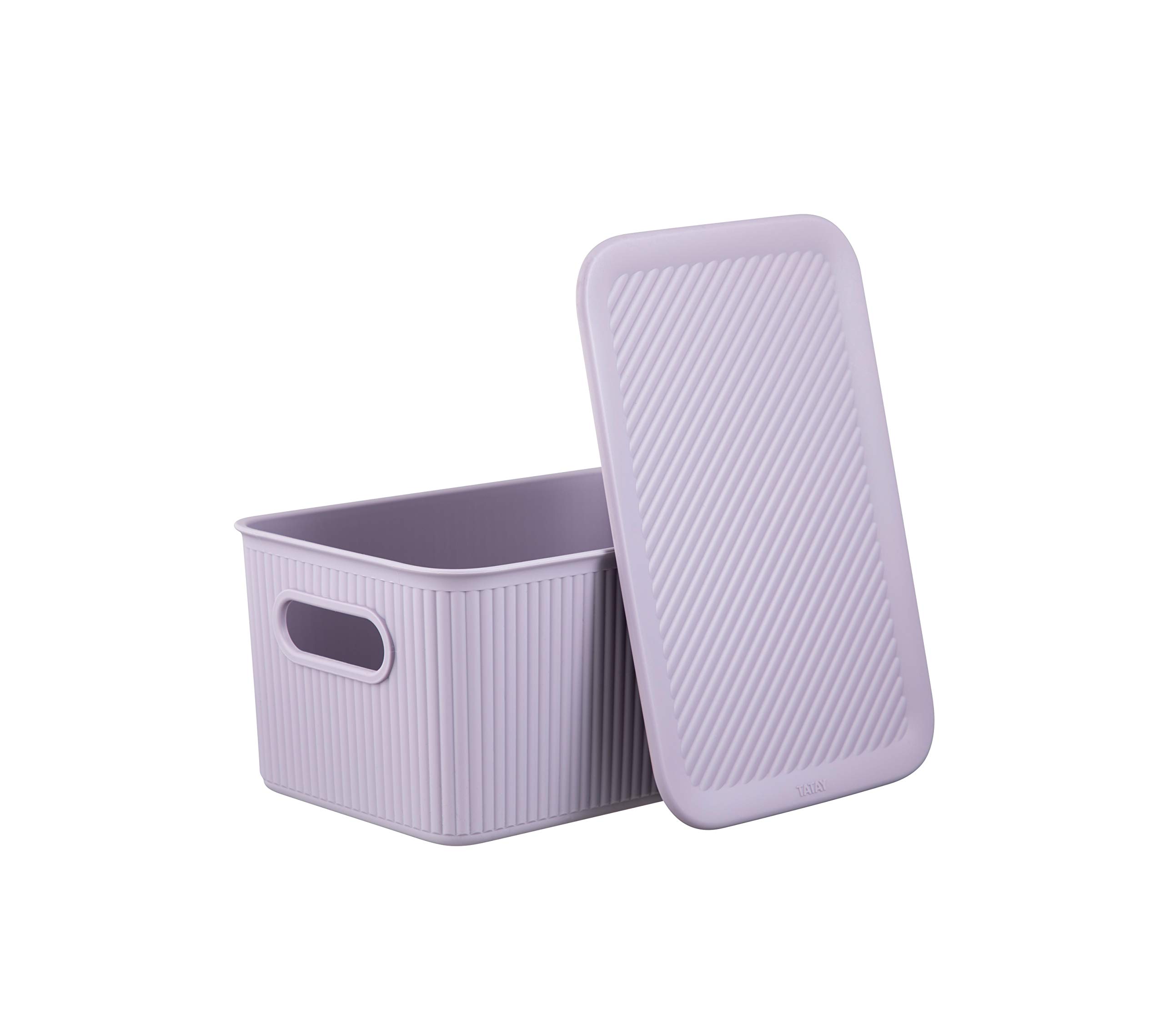 Superio Ribbed Collection - Decorative Plastic Lidded Home Storage Bins Organizer Baskets, Medium Lilac Purple (2 Pack - 5 Liter) Stackable Container Box, for Organizing Closet Shelves Drawer Shelf