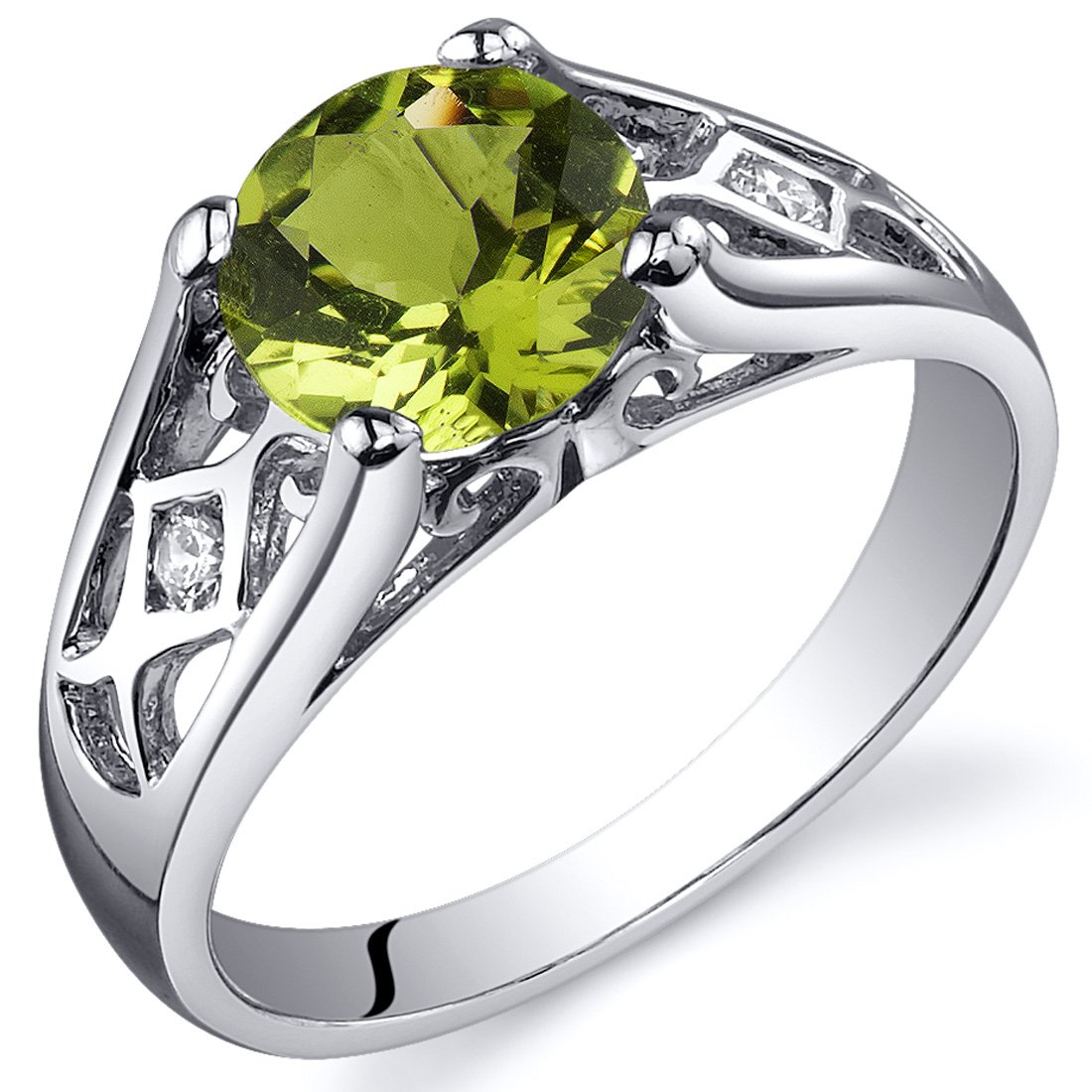 PEORA Genuine Peridot Ring for Women 925 Sterling Silver, 1.25 Carats Round Shape, Cathedral Style Solitaire, Size 8