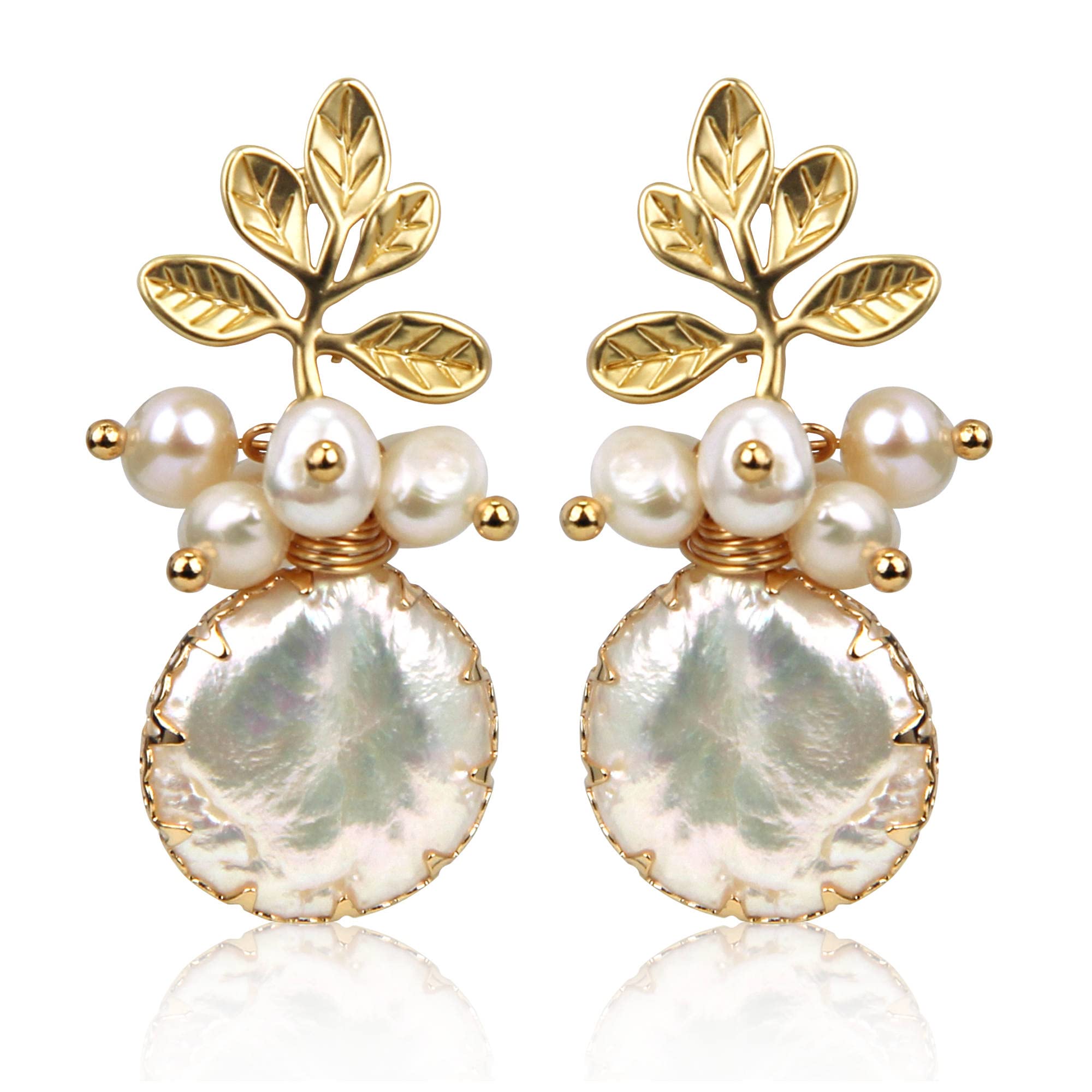 zqhhyy 18k Gold Baroque White Big Pearl Drop Earrings For Women Handmade Trendy Comfy Real Freshwater Pearls Aesthetic Life Tree Dangle Earrings Engaged Wedding Bridesmaid Hanging Jewelry (tree)