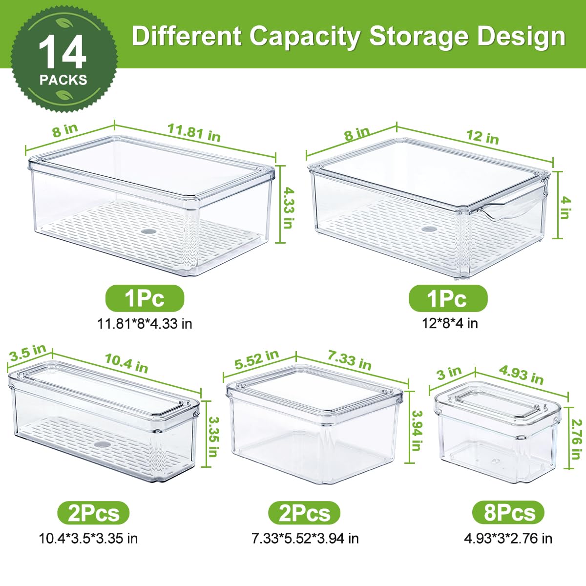 RIKOJUXI Set Of 14 Fridge Organizer, BPA Free Stackable Refrigerator Organizer Bins with Lids, Fridge Organizers and Storage Clear Refrigerator Storage Containers for Fruits, Vegetable, Food, Drinks