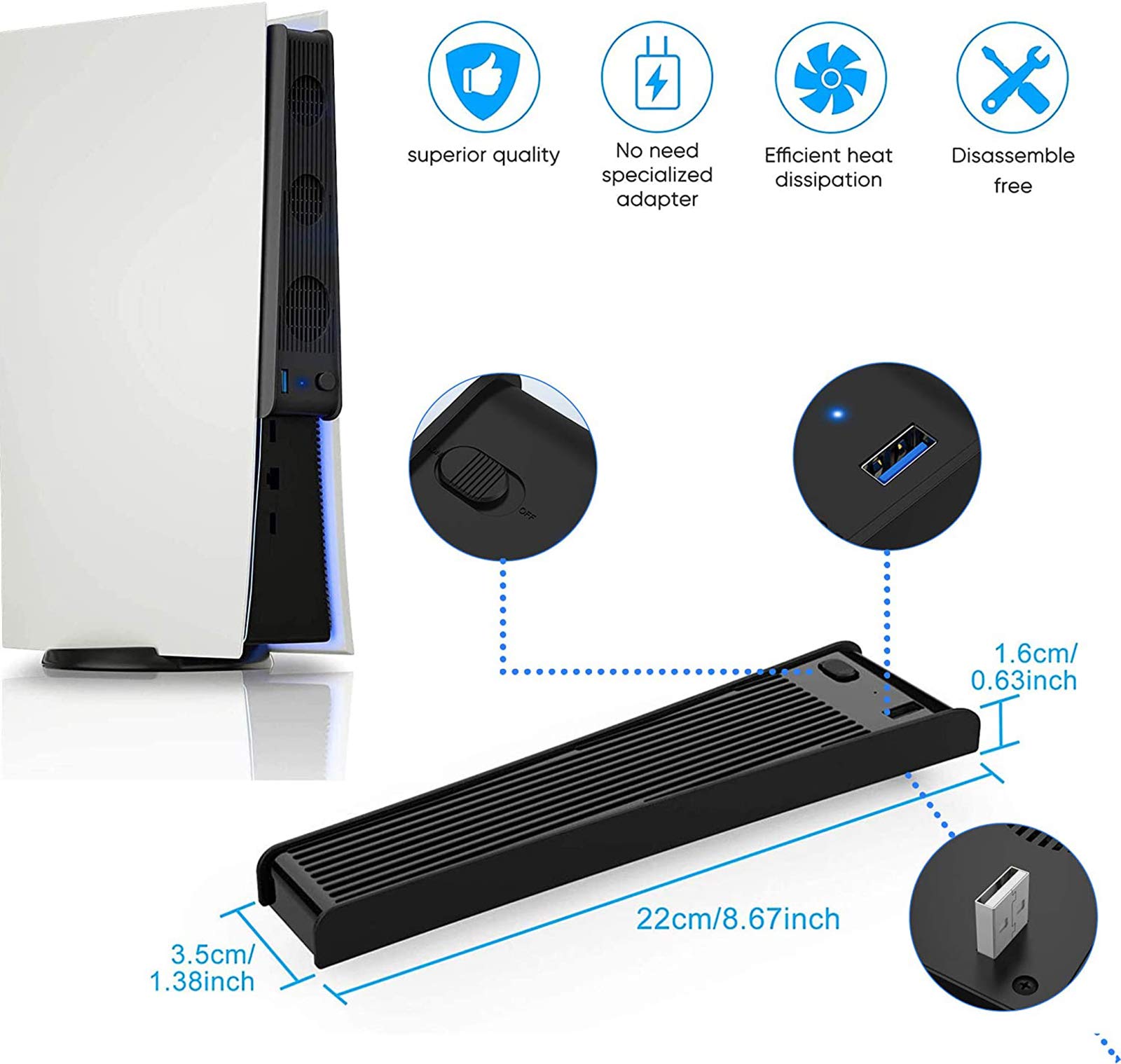 T&A Cooling Fan for PS5, with 3 Cooling Fan and USB External for PS5 Digital Edition/Ultra HD Game Consoles Mini Cooling System BLACK