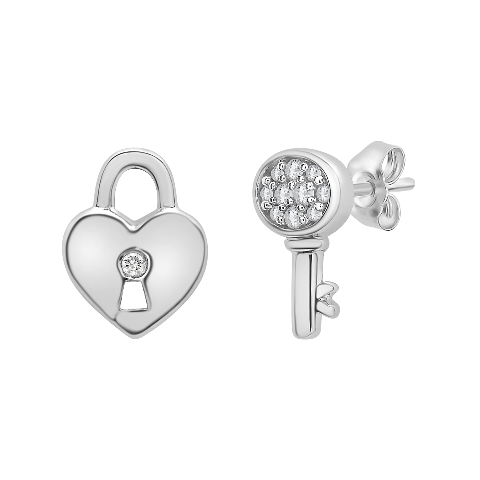 Timeless Love Diamond Accent Mismatched Earrings Set in Polished Sterling Silver, Heart & Key Shaped 0.39x0.20 Earrings with 0.05CT Round Diamond, Dainty Jewelry for Women, Womenâs Fashion Earrings