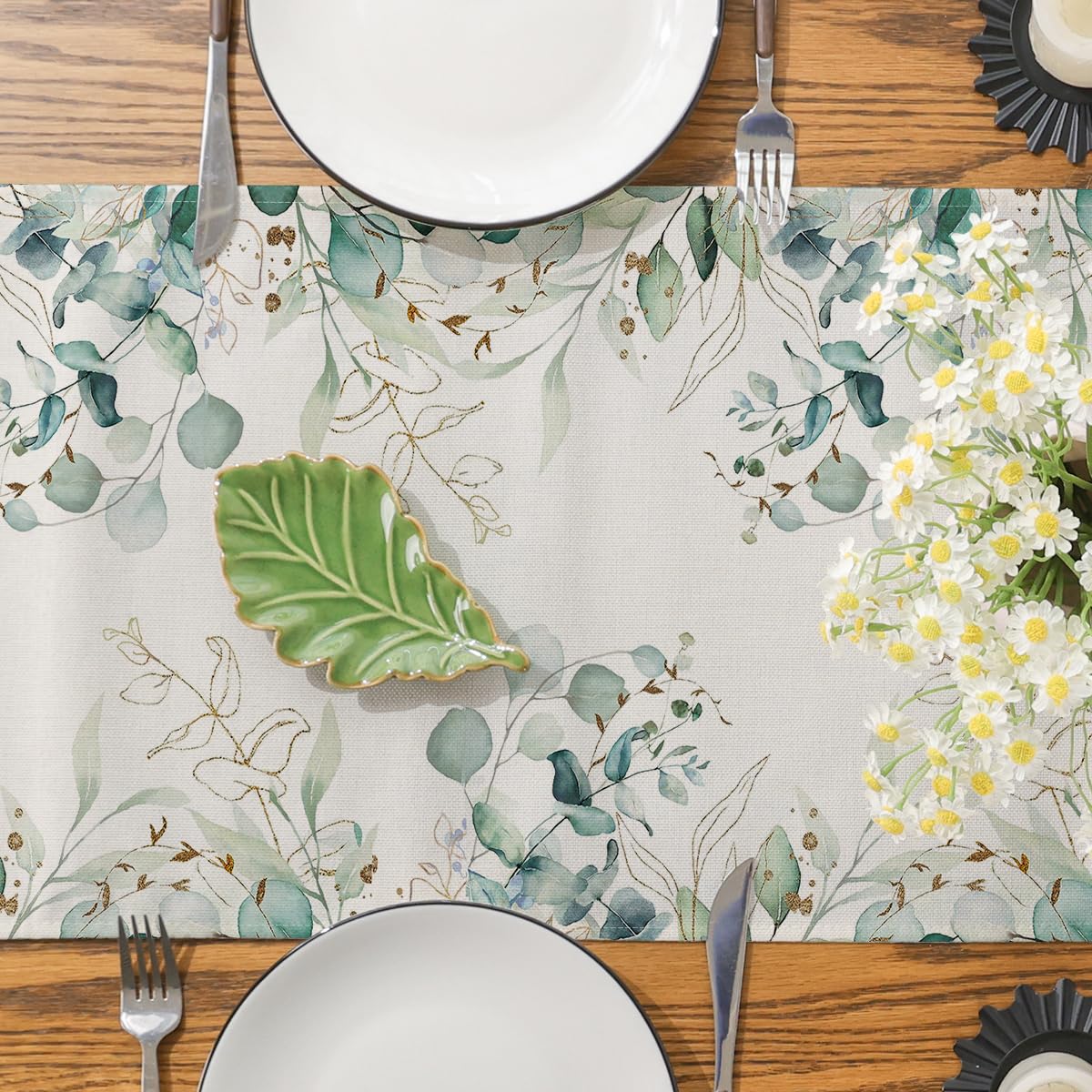 Siilues Spring Table Runner, Spring Decorations Off White Eucalyptus Leaves Green Table Runner Seasonal Spring Summer Burlap Table Runner Holiday Decor for Dining Table Decoration (13" x 48")