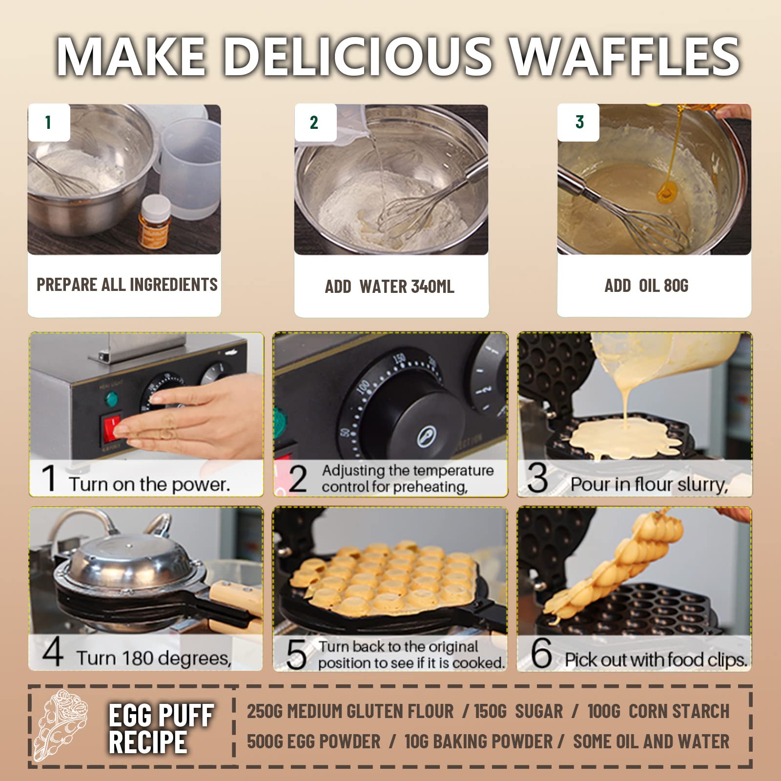 WantJoin Wil Bubble Waffle Maker, Non-stick Coating Hong Kong Egg Waffle Maker Machine, 1500W 110V Electric Cone Maker, Stainless Steel Pancake Maker 180° rotate, 50-250℃/122-482℉ Adjustable