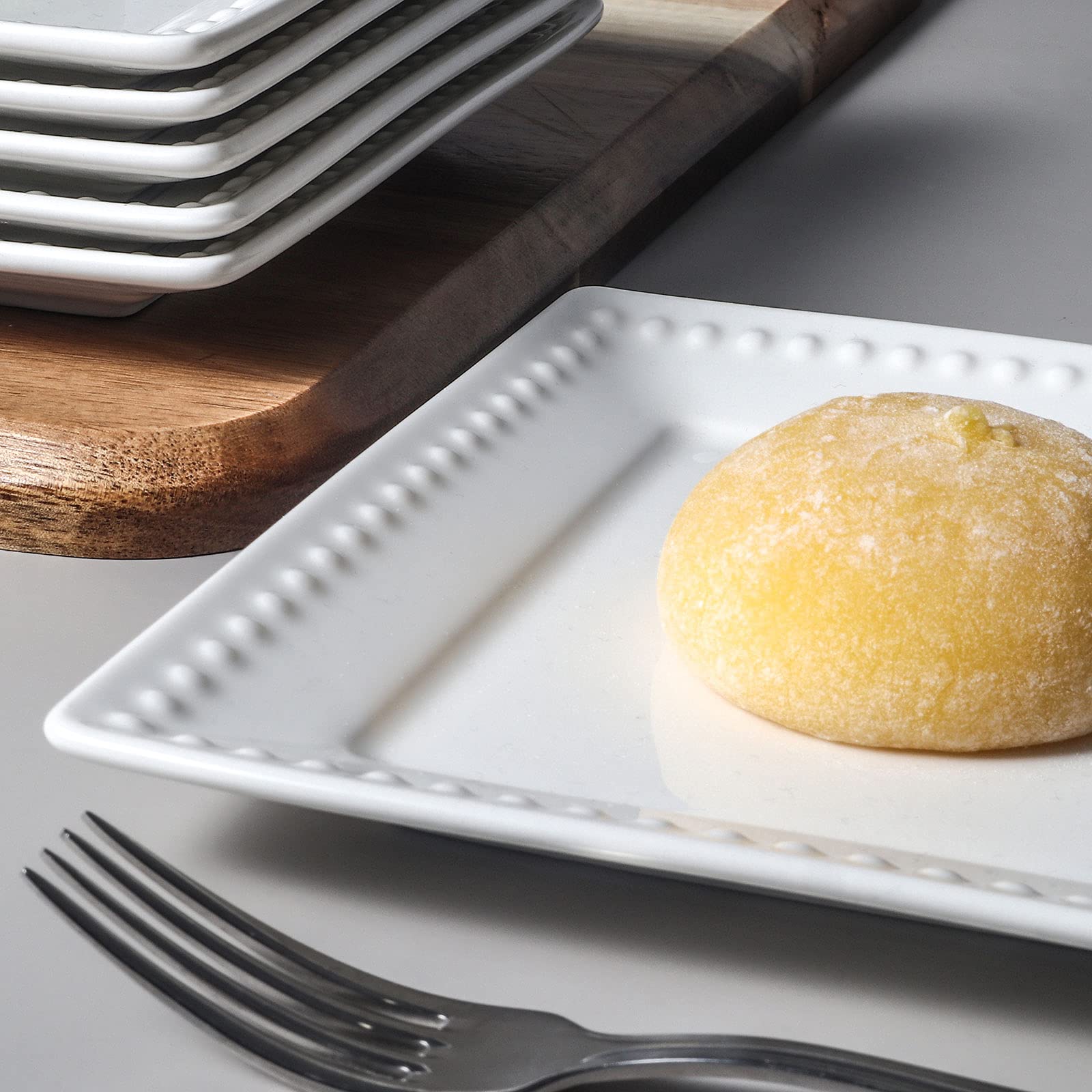 Wareland Bright White Embossed Dots Square Dessert Plates Set of 6 & 8 inch Embossed Salad Plates Set of 4
