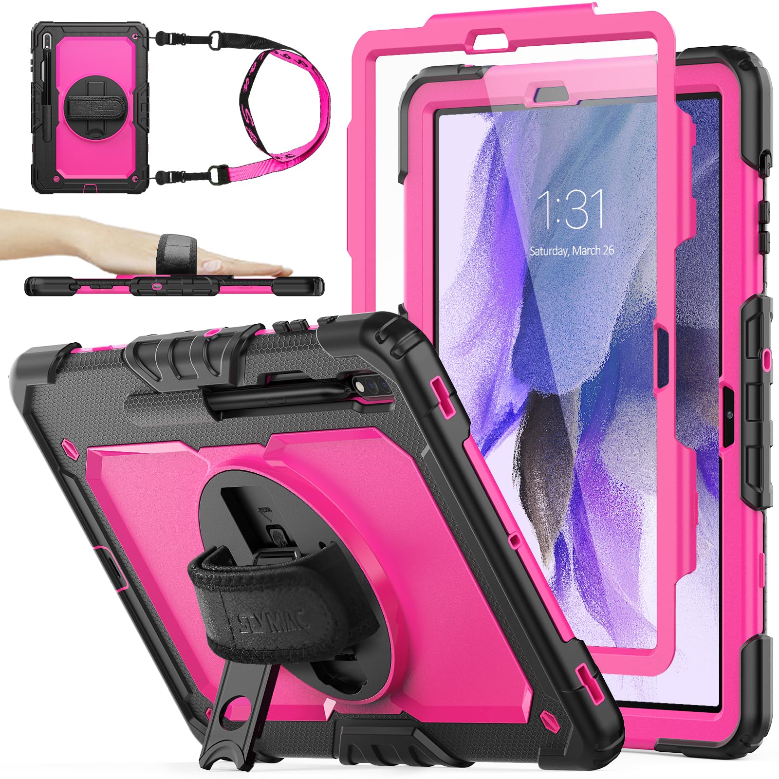 SEYMAC stock Case for Samsung Galaxy Tab S8 Plus/ S7 FE 5G Case 12.4'' with Screen Protector Pencil Holder [360 Rotating Hand Strap] &Stand, Drop-Proof Case for Galaxy Tab S8 Plus/ S7 FE, Rose/Black
