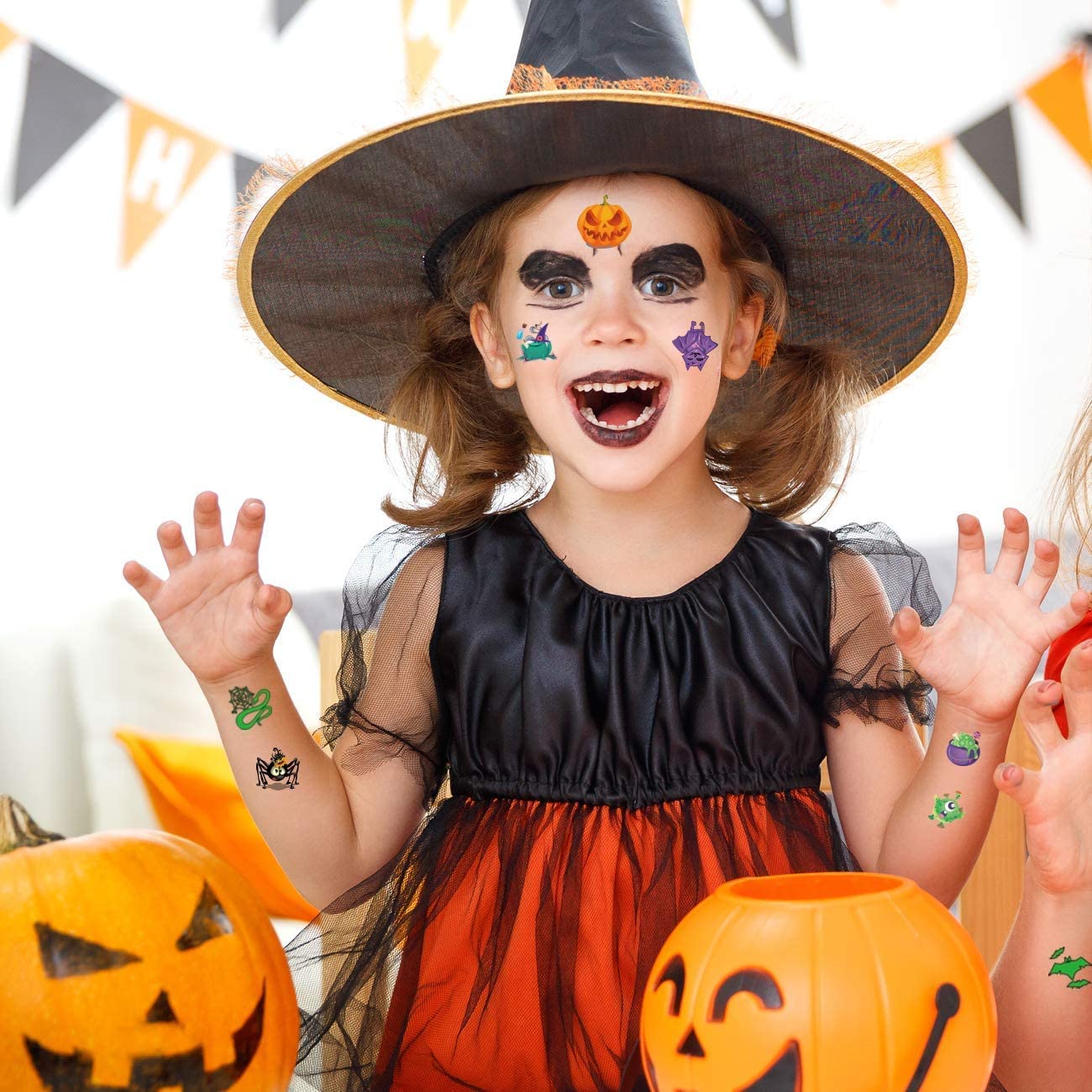 WAVEJOE 180pcs Assorted Halloween Tattoos, 30 Designs Including 36 Glow in The Night Children Tattoos Halloween Trick or Treat Ghost Monster Pumpkin Tattoos