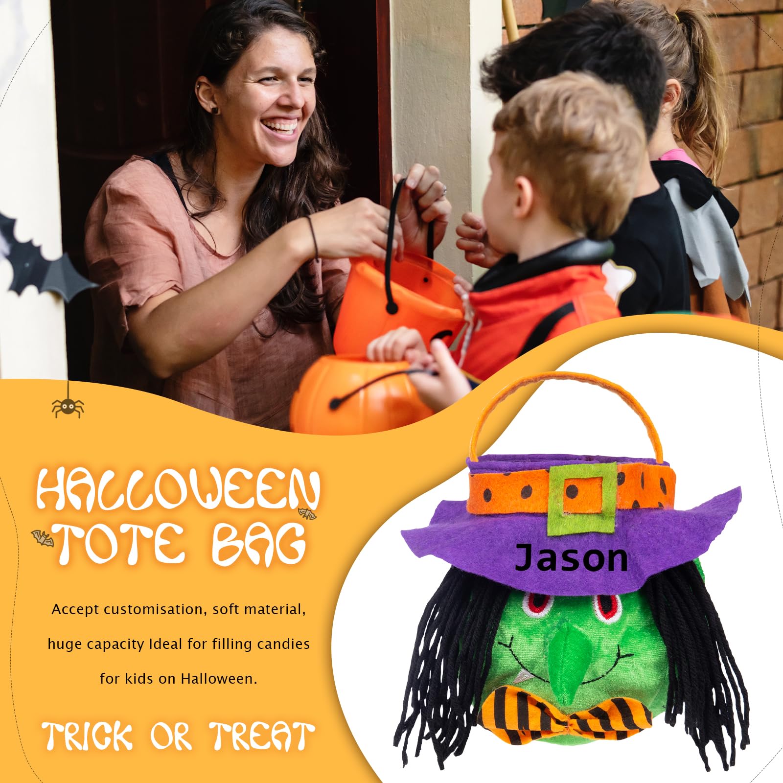 Personalized Halloween Candy Bags Customized Embroidered Name Trick or Treat Reusable Tote Bags for Girls Boys Kids (Style 4)