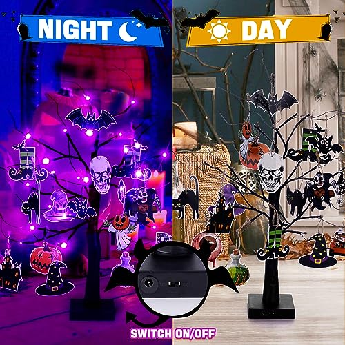 RJZZ 24LED Lighted Halloween Tree 2FT Hocus Pocus Decor Spooky Tree with 21pcs Hanging Ornaments Halloween Decorations Indoor USB/Battery Operated Halloween Decor for Table Centerpiece, Office