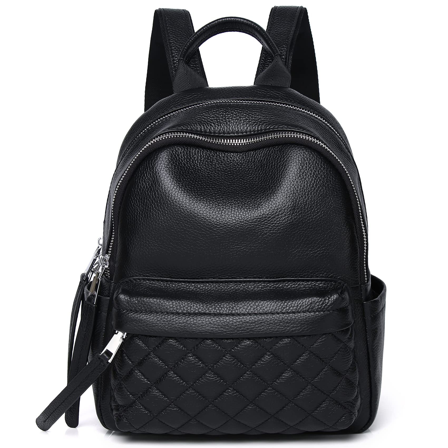 Wesccimo Genuine Leather Backpack Purse For Women Small Size Black Quilted Real Soft Leather Casual Daypack Backpack