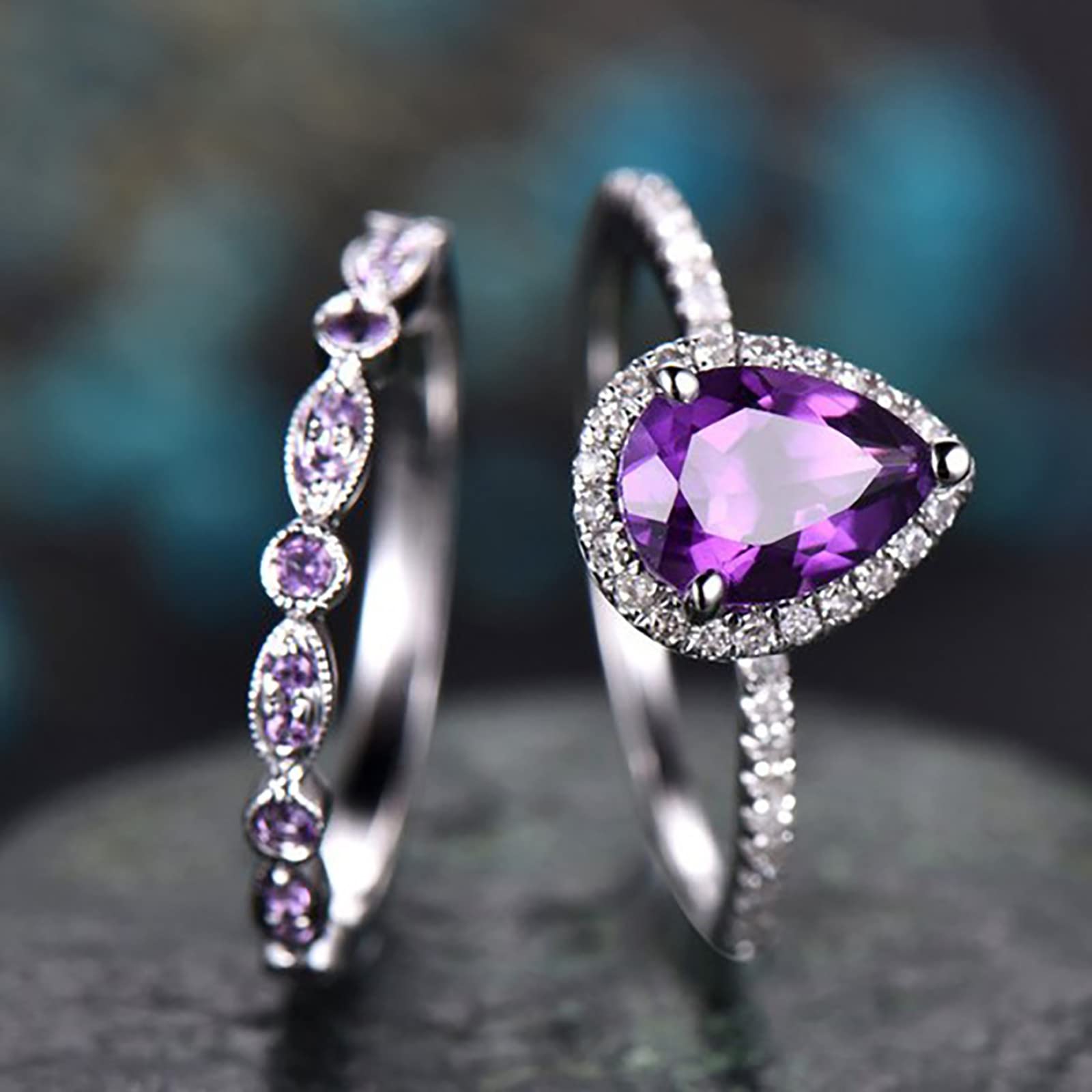 Women Shining Amethyst Ring 2 PCs Tear Drop Shape Cubic Zirconia Promise Rings Set Engagement Wedding Band Ring Sets