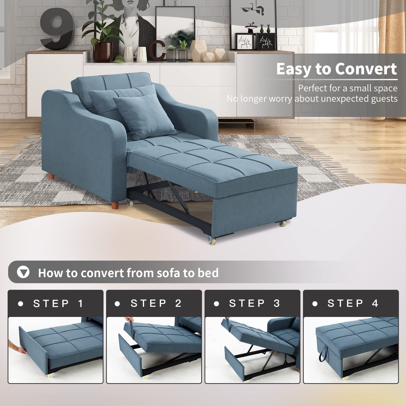 Vicluke Convertible Chair Bed, 3-in-1 Sleeper Chair Bed with Adjustable Backrest, Linen Pull Out Sofa Bed with 2 Pillows, Folding Single Bed Armchair for Apartment, Living Room (Bluish Grey)