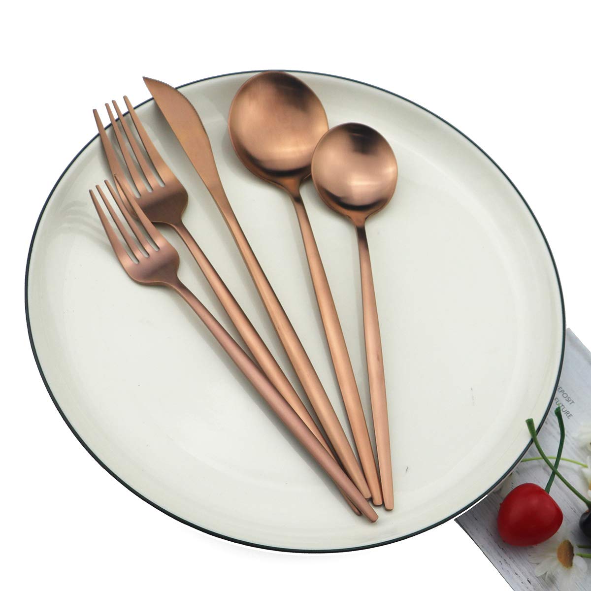 Uniturcky 30 Pieces Titanium Rose Plated 304 Stainless Steel Flatware Sets, Satin Finish Silverware Set Include Dinner Knife Fork Spoon, Cutlery Set,Matte Polished Utensils Service for 6