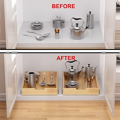 Sikarou Wood Pull Out Cabinet Organizer 14" W x 21" D, Heavy-Duty Sliding Drawers for Inside Cabinets Storage and Organization for Kitchen, Pantry, Bathroom