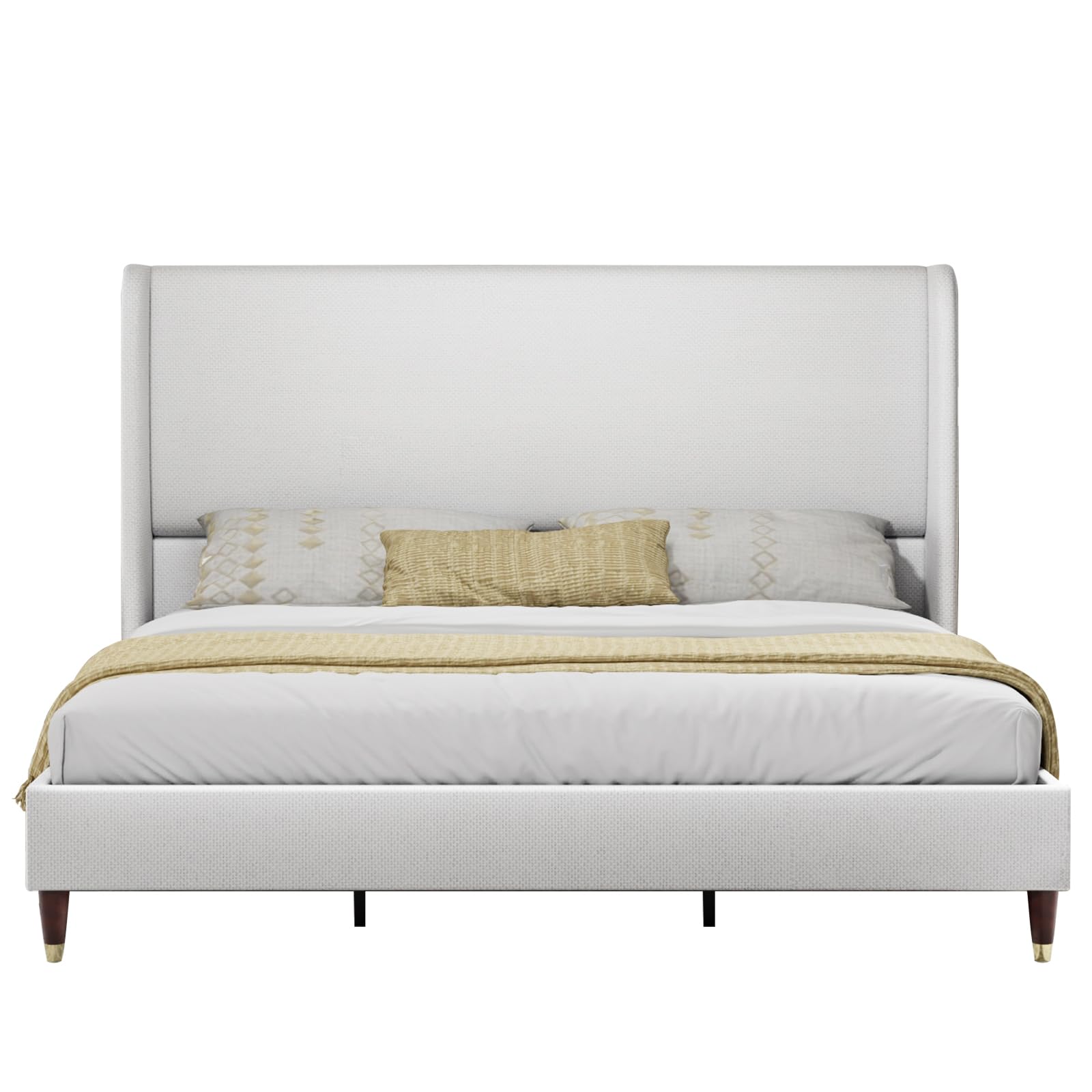 PaPaJet Full Platform Bed Frame 51.2" High Headboard Tall Upholstered Bed/No Box Spring Required/Wood Slat Support/Easy Assembly White