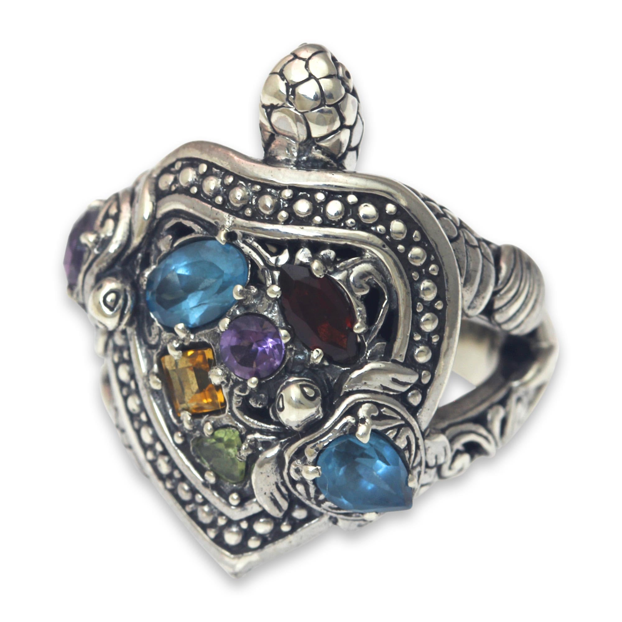 NOVICA Multi-Gem Blue Topaz .925 Sterling Silver Artisan Crafted Ring, Turtle in Paradise'