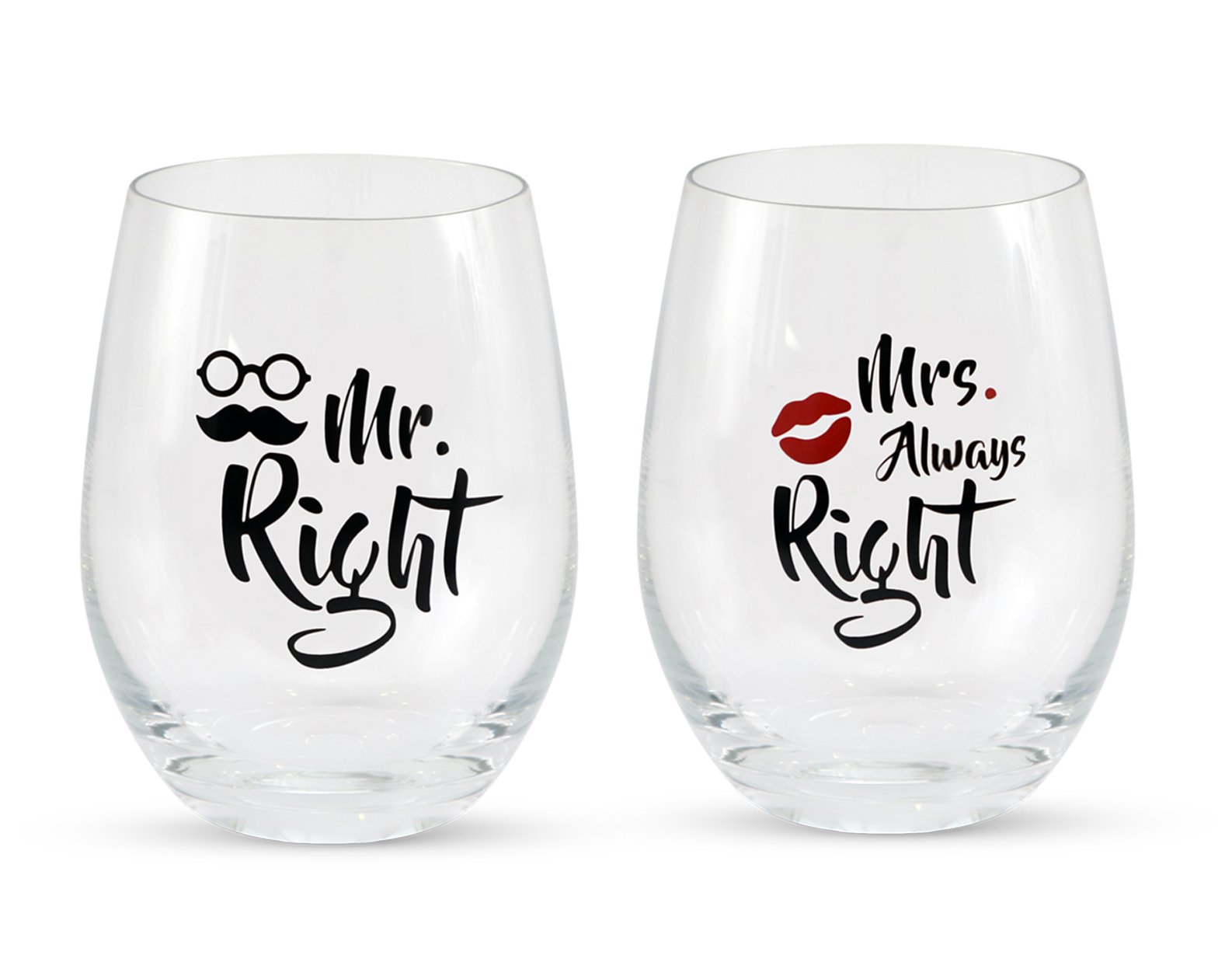 Vino O'clock Mr Right and Mrs Always Right Wine Glasses Gift Set For Bridal Shower, Married Couples, Weddings, Engagements, Newlyweds, Anniversary / 16oz