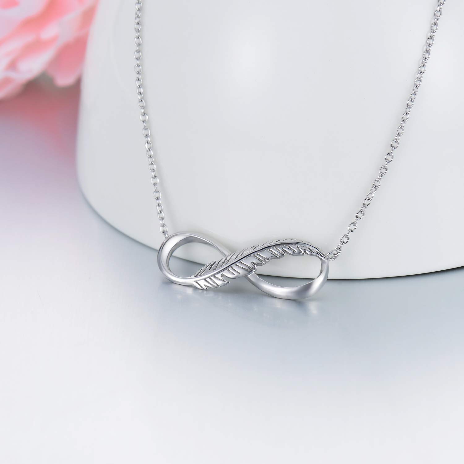 PDTJMTG Infinity Feather Necklace 925 Sterling Silver Necklace for Women, 18”+2”