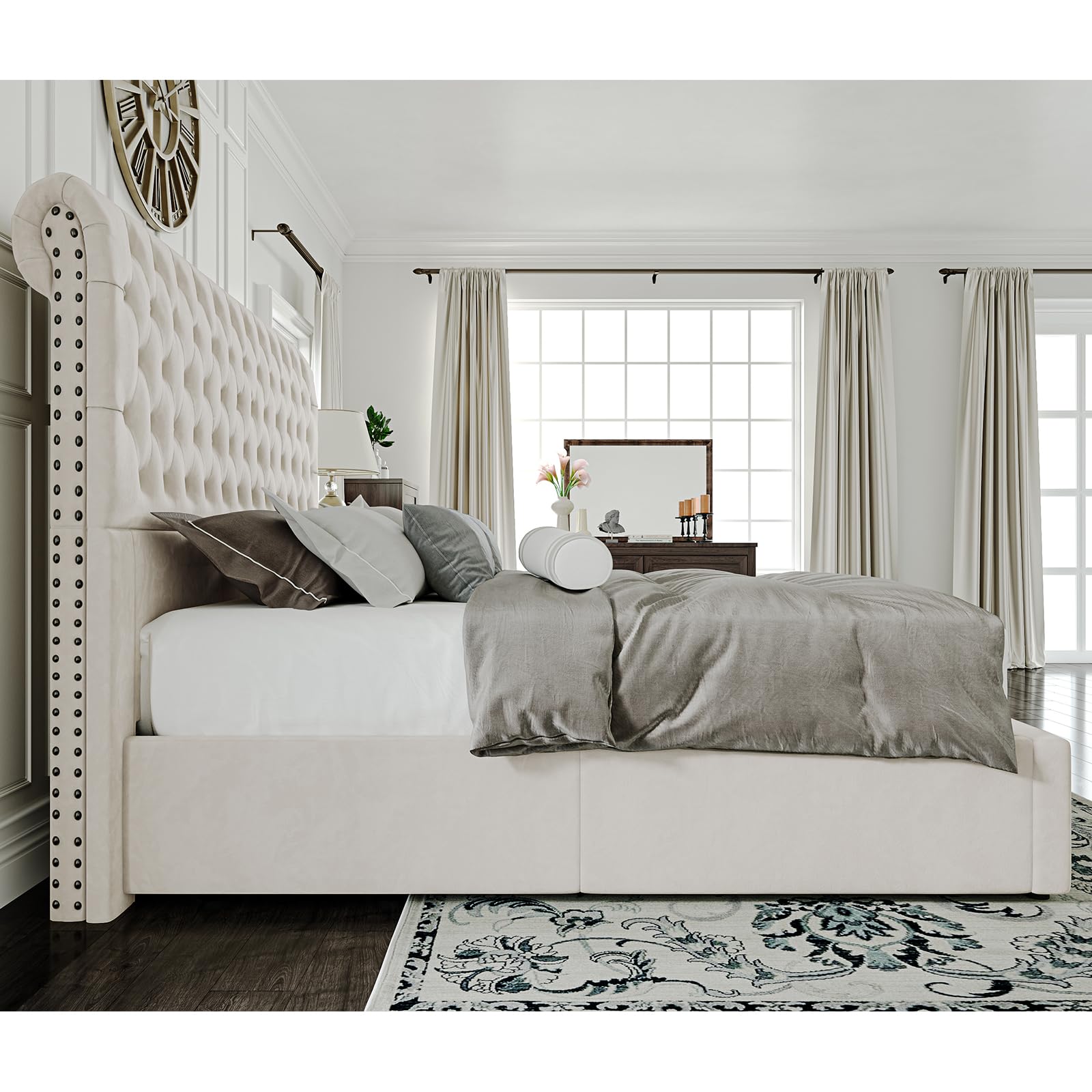 PaPaJet Lift Up Storage Bed King Size Bed Frame with Headboard Upholsterd Sleigh Bed Storage Underneath/No Box Spring Needed/Easy Assembly/Cream