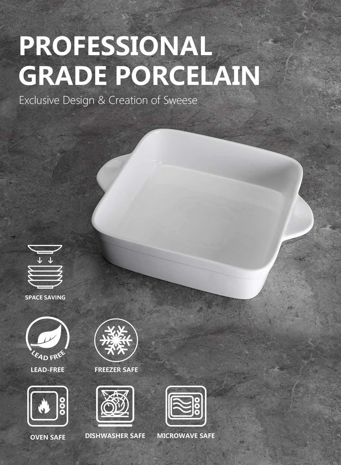 Sweese 8x8 inch Square Porcelain Baking Dish with Double Handles - Non-Stick Oven Casserole Pan for Brownie, Lasagna, Roasting - Great for Serving or Cooking