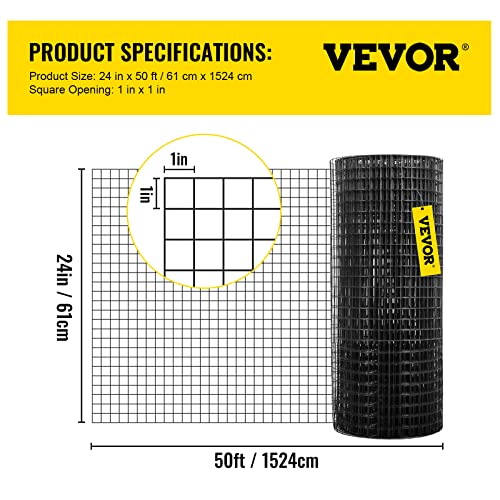 VEVOR 24" x 50' Welded Wire Hardware Cloth w/A Cutting Plier & A Pair of Fabric Gloves, Black