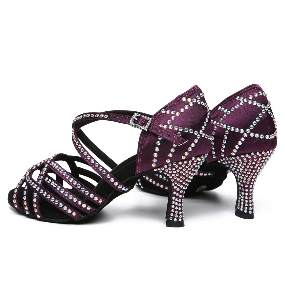 SWDZM Women's Latin Dance Shoes Rhinestone Ballroom Salsa Chacha Professional Performance Practice Dancing Shoes,L483-Purple-7.5,US 6.5