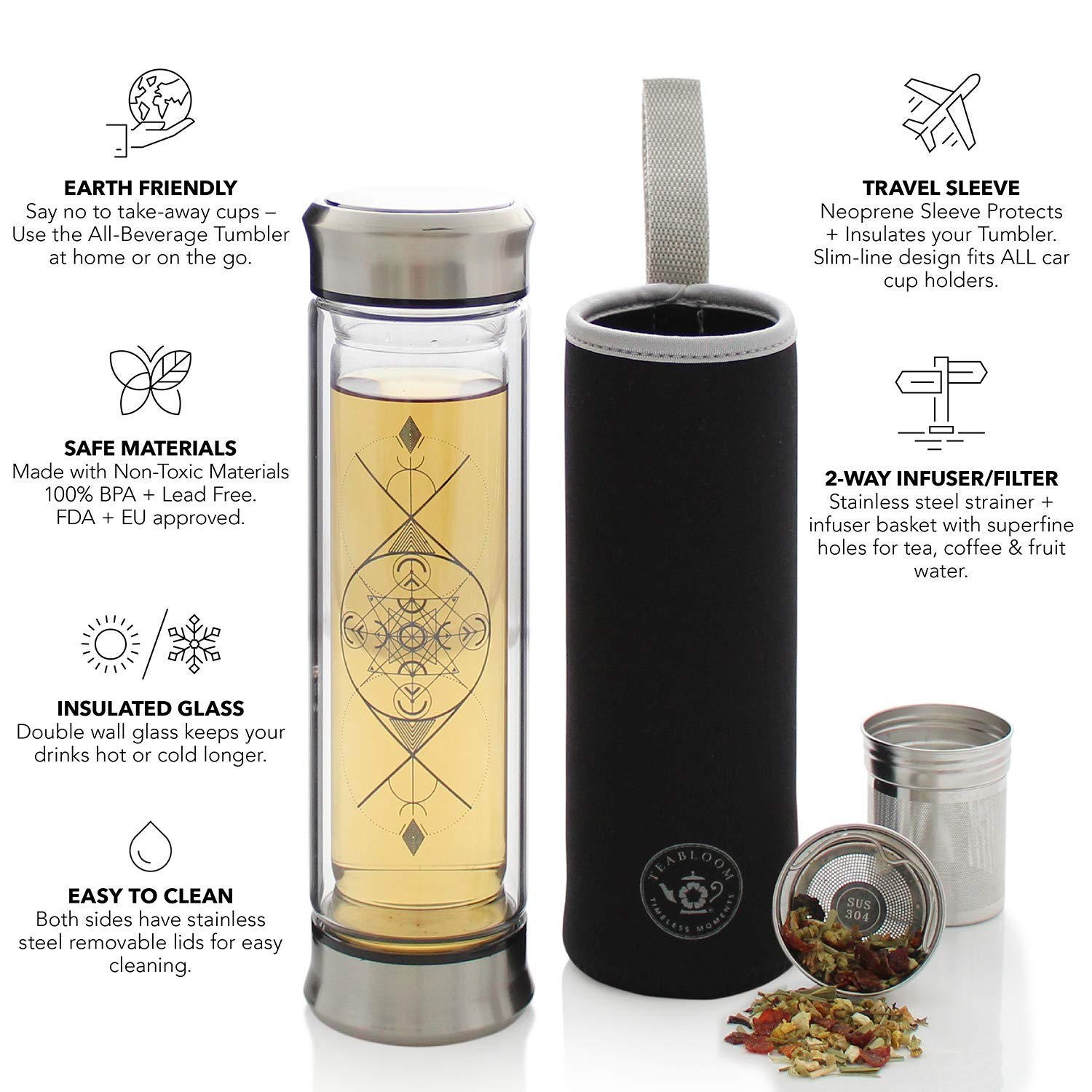 Teabloom All-Beverage Infusion Bottle β 14 oz / 400 ml β Double Wall Insulated Glass Travel Flask β Hot Tea & Cold Brew Coffee Thermos β Removable Sleeve
