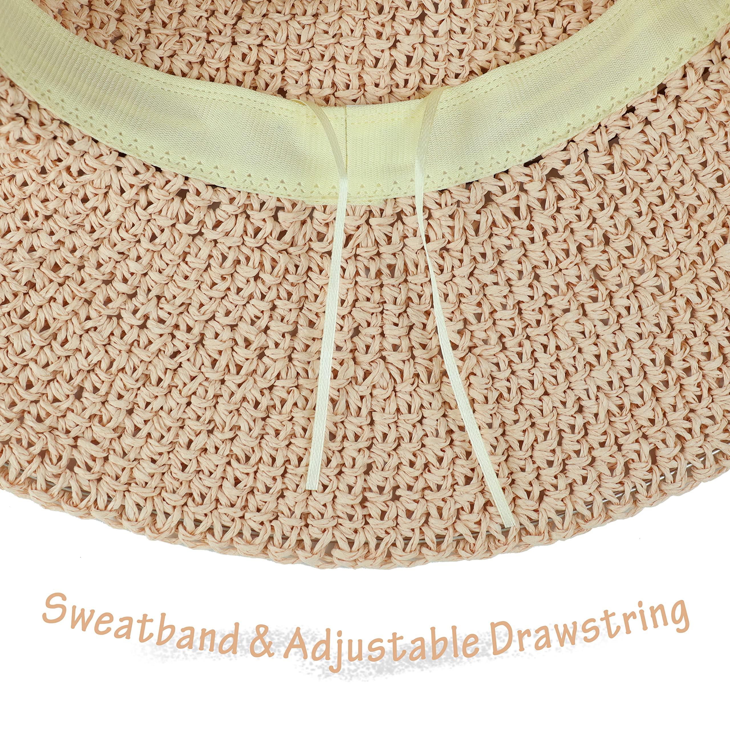 Women Sun Hat Wide Brim Floppy Beach Hat Crochet Straw Hat Breathable UV UPF 50+ Summer Hat Foldable Packable Travel Outdoor Cap Pink