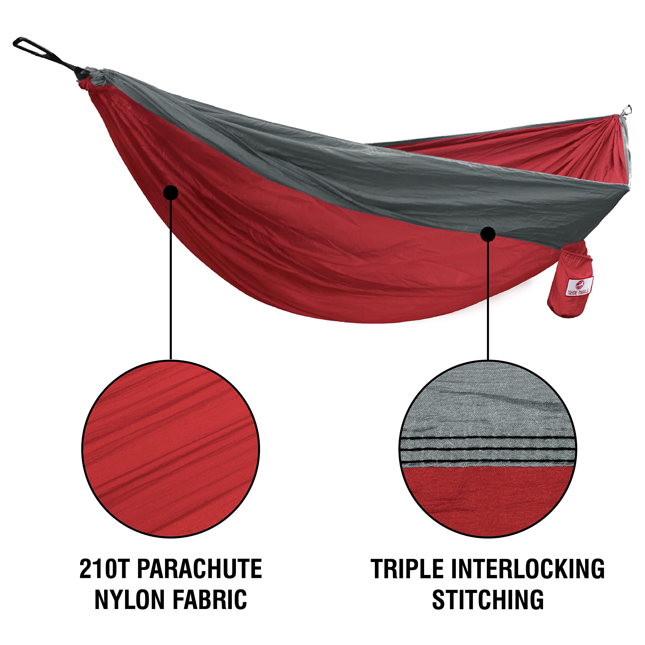 Tahoe Trails Double Camping Hammock for 2 People with Tree Straps, Lightweight Portable Nylon Parachute Hammock for Hiking, Traveling, Backpacking and Backyard, Red & Dark Grey