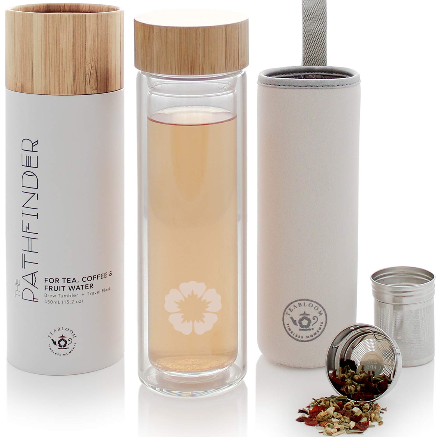 Teabloom All-Beverage Tumbler â 15 oz / 450 ml â Tempered Glass Travel Bottle â Hot and Cold Tea Infuser â Cold-Brew Coffee â Fruit-Infused Water â Tea Tumbler â The Pathfinder