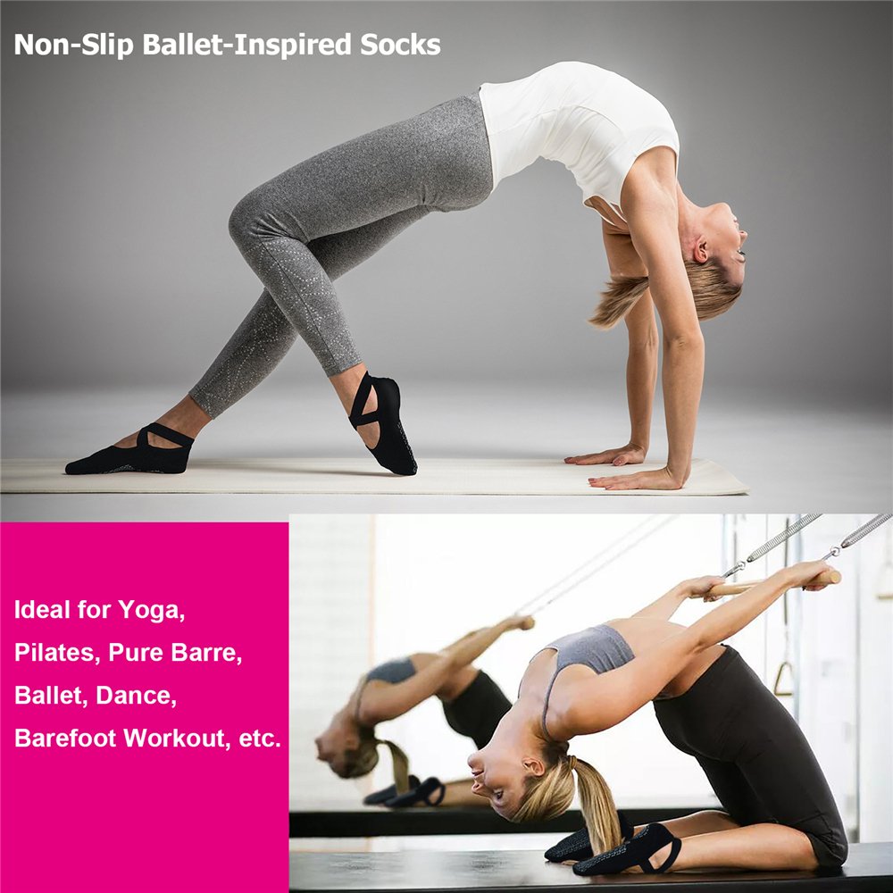 Ozaiic Yoga Socks for Women Non-Slip Grips & Straps, Ideal for Pilates, Pure Barre, Ballet, Dance, Barefoot Workout (Black - 1 Pair, one_size)