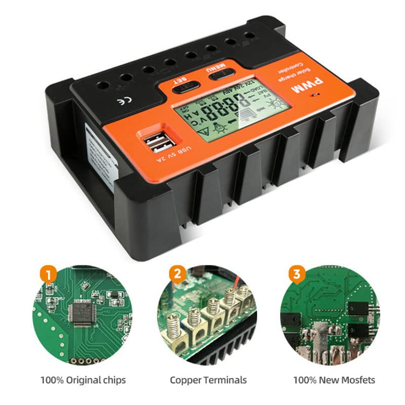 POWLSOJX 80A PWM 48V Solar Charge Controllers with Multi-Protection & LCD Display & 5V USB Output Solar Panel Charger with Temp Sensor (12/24/48V 80A)