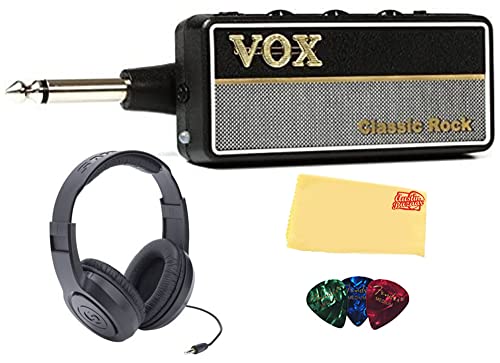 Vox amPlug 2 Headphone Guitar Amplifier - Classic Rock Bundle with Headphones, Picks, and Austin Bazaar Polishing Cloth