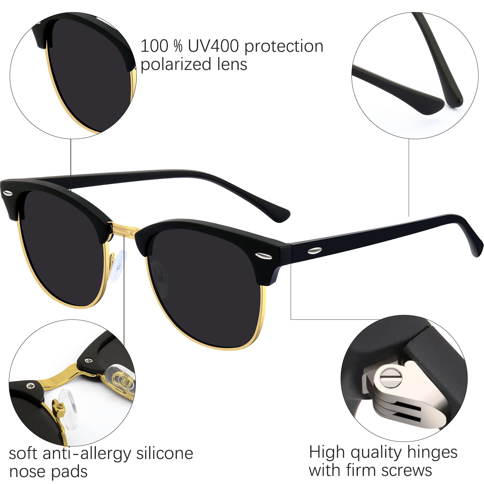 WINLOVE Polarized Sunglasses Men and Women UV Protection Classic Sunglasses TR90 Frame UV400 Protection Sun Glasses (Matte Black gold frame)