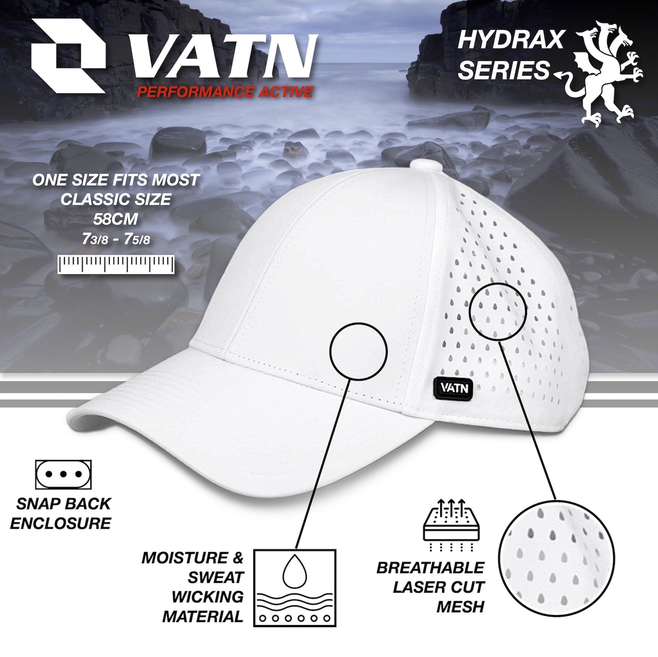 VATN Hydrax, Performance Curved Brim Snapback Running Hat, Hydro Water-Resistant Baseball Cap for Men & Women Work Golf Gym Hike Surf (Solid Grey)