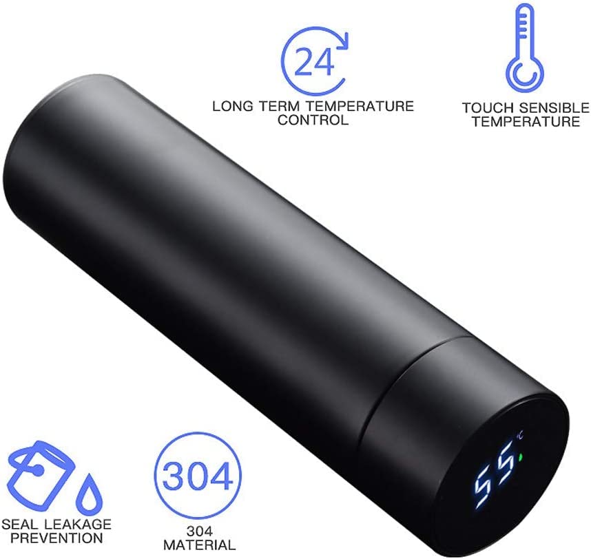 Water Bottle, Tea Infuser Thermoses, Travel Mug with Smart LCD Touch Screen, Keep Hot Or Cold, Car Portable Coffee Vacuum Cup, Anti-collision, Leak-proof, 18oz, Black, RXZER23