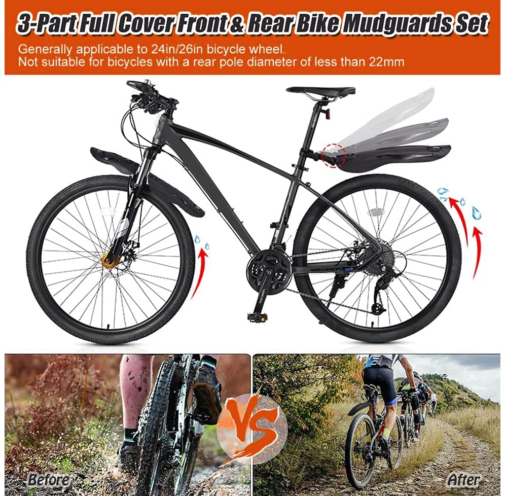 Winmoom Adjustable Bike Fender Set for 22"/24"/26"/27.5",3 Parts-Universal Full Cover Thicken Widen, Front/Rear Mud Guards Fit for MTB Mountain Road Bike