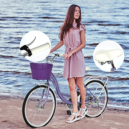 visdron Bicycle Front 26-Inch Womens Comfort Bikes Beach Cruiser Bike Single Speed Bicycle Comfortable Bicycle 4 Wheel Bikes Adults Used (Purple, One Size)