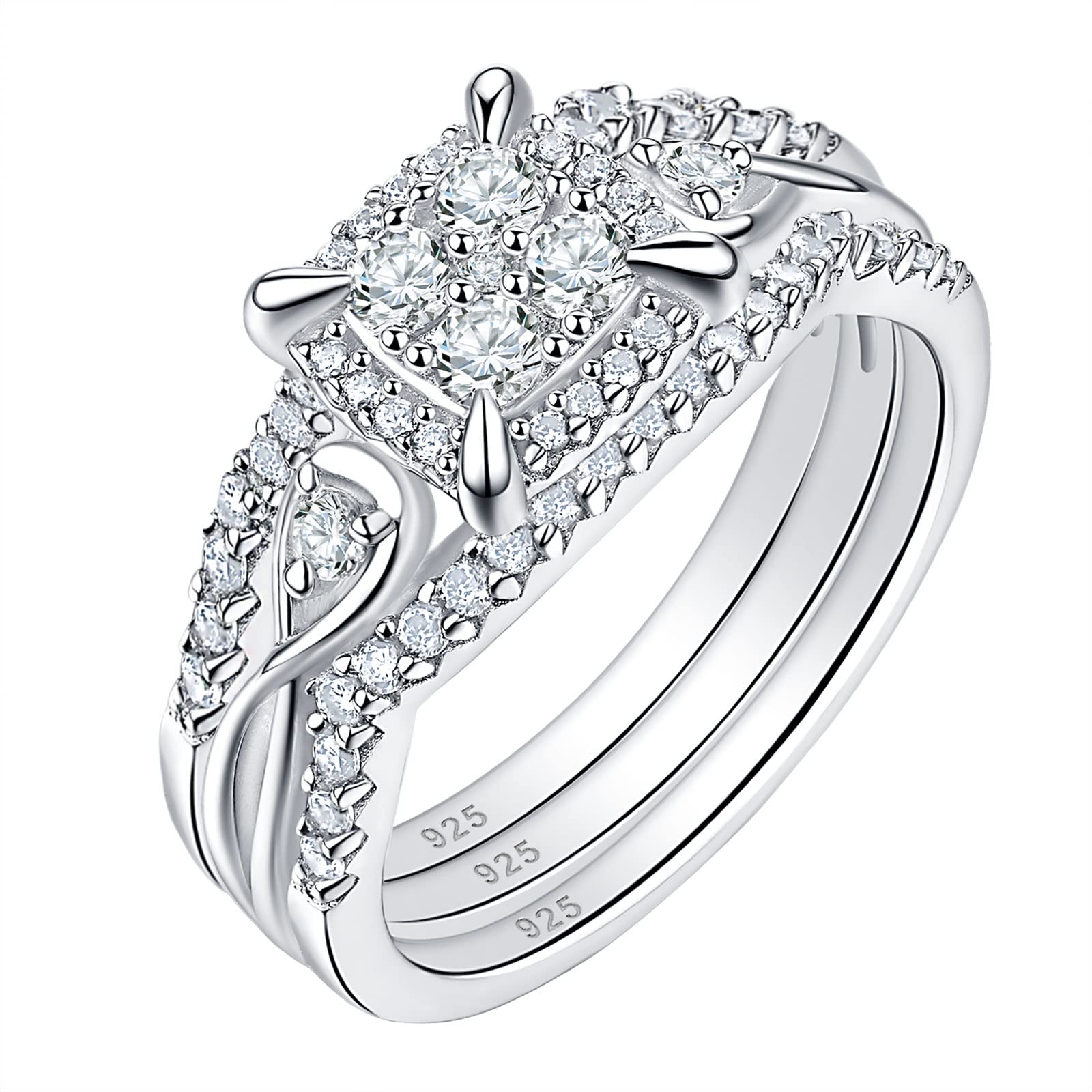 SHELOVES 3Pcs Round White Cubic Zirconia Princess Halo Wedding Ring Set Solid Sterling Silver Vintage Style Sz 9