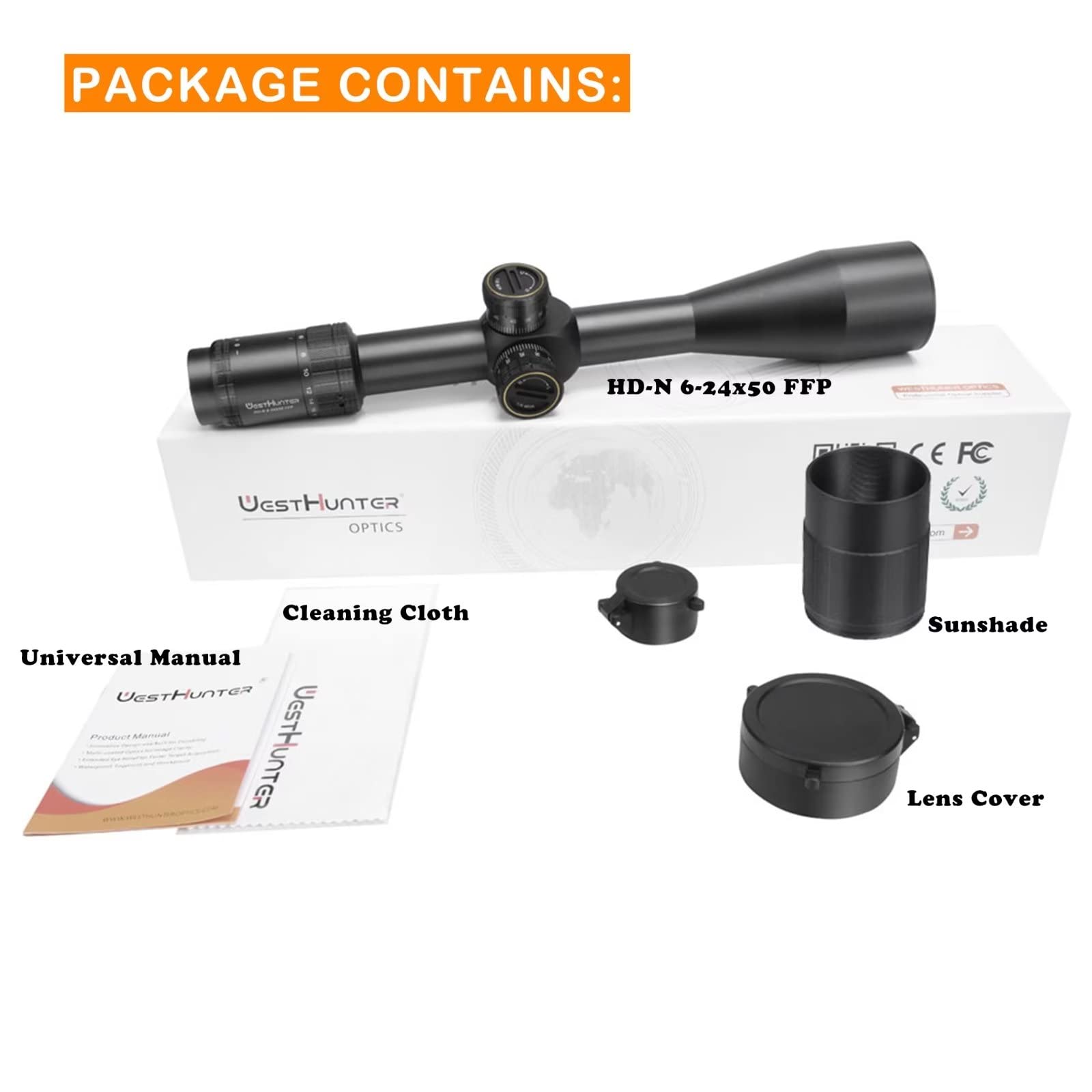 WestHunter Optics HD-N 6-24x50 FFP Scope, 30 mm Tube First Focal Plane 1/8 MOA Precision Shooting Scopes, Only Optics & Basic Accessories