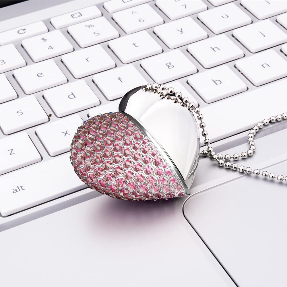 RAOYI 64GB Heart Shape USB 2.0 Flash Drive Crystal Memory Stick Thumb Drive Pen Drive Jump Drive Jewelry Pendant Necklace with Key Chain-Pink