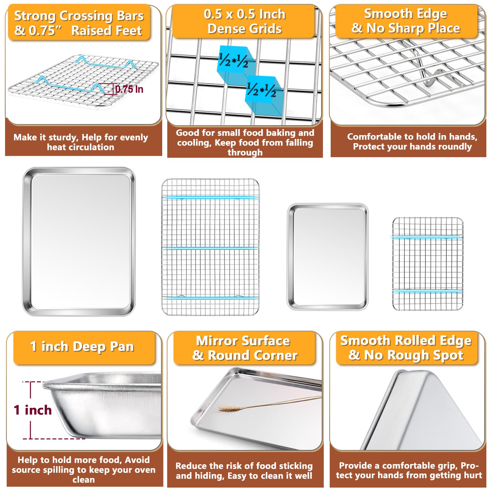 P&P CHEF Baking Sheet and Rack Set, 4 PACK (2 Sheets + 2 Racks), 2 Sizes Stainless Steel Baking Pans Cookie Sheets with Cooling Racks for Cooking & Roasting, Oven & Dishwasher Safe, Non-toxic