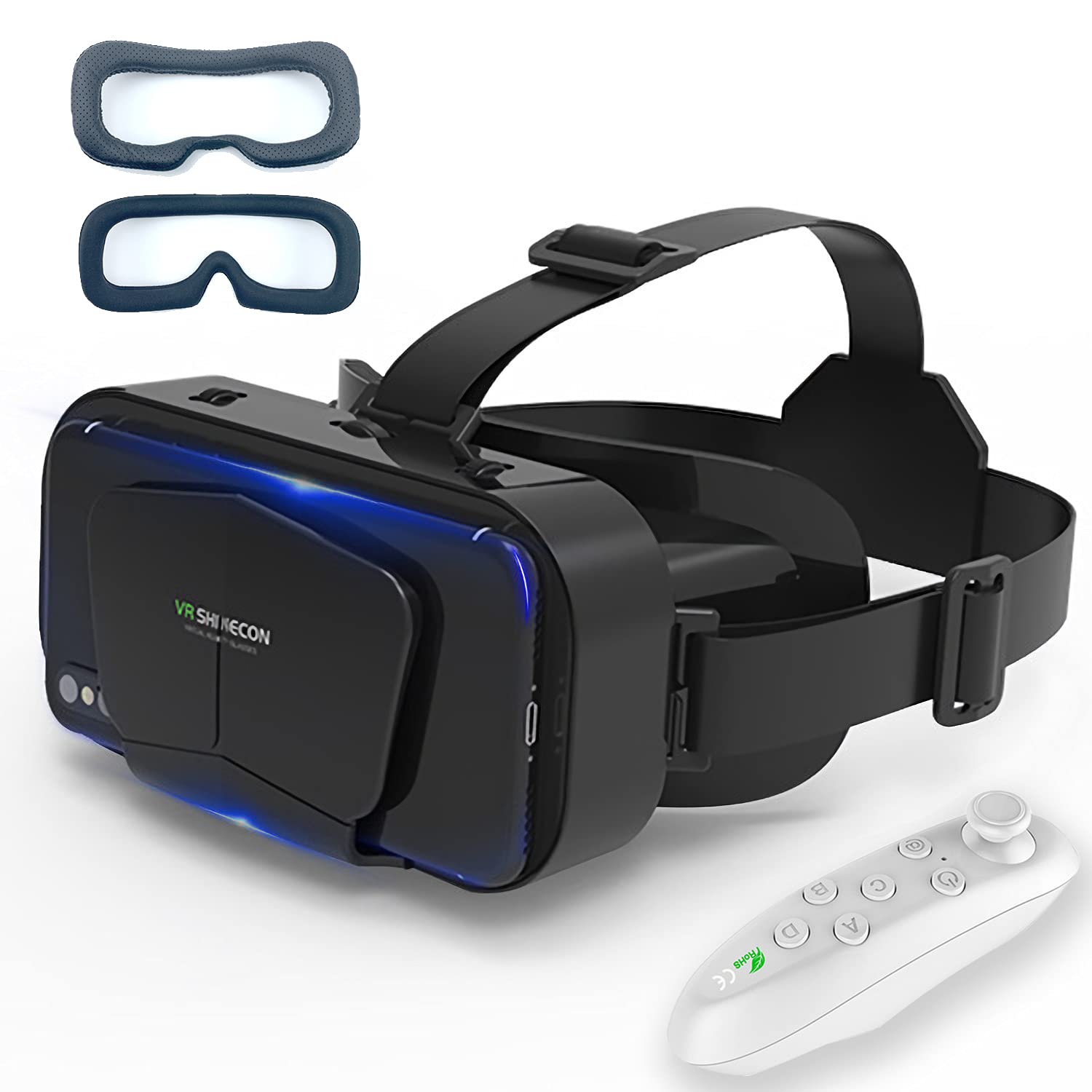 VR Headset Virtual Reality VR 3D Glasses VR Set 3D Virtual Reality Goggles,Adjustable VR Glasses Support 7.2 Inches [with Controller+Two blindfolds]