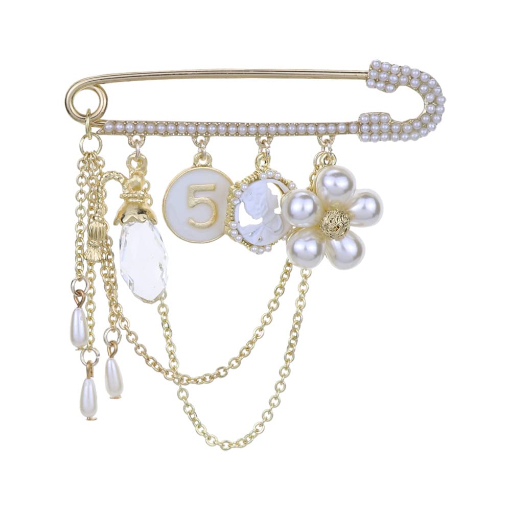 Vintage Imitating Pearl Lucky Number Five Brooch Pin with Hanging Chain Jewelry for Women