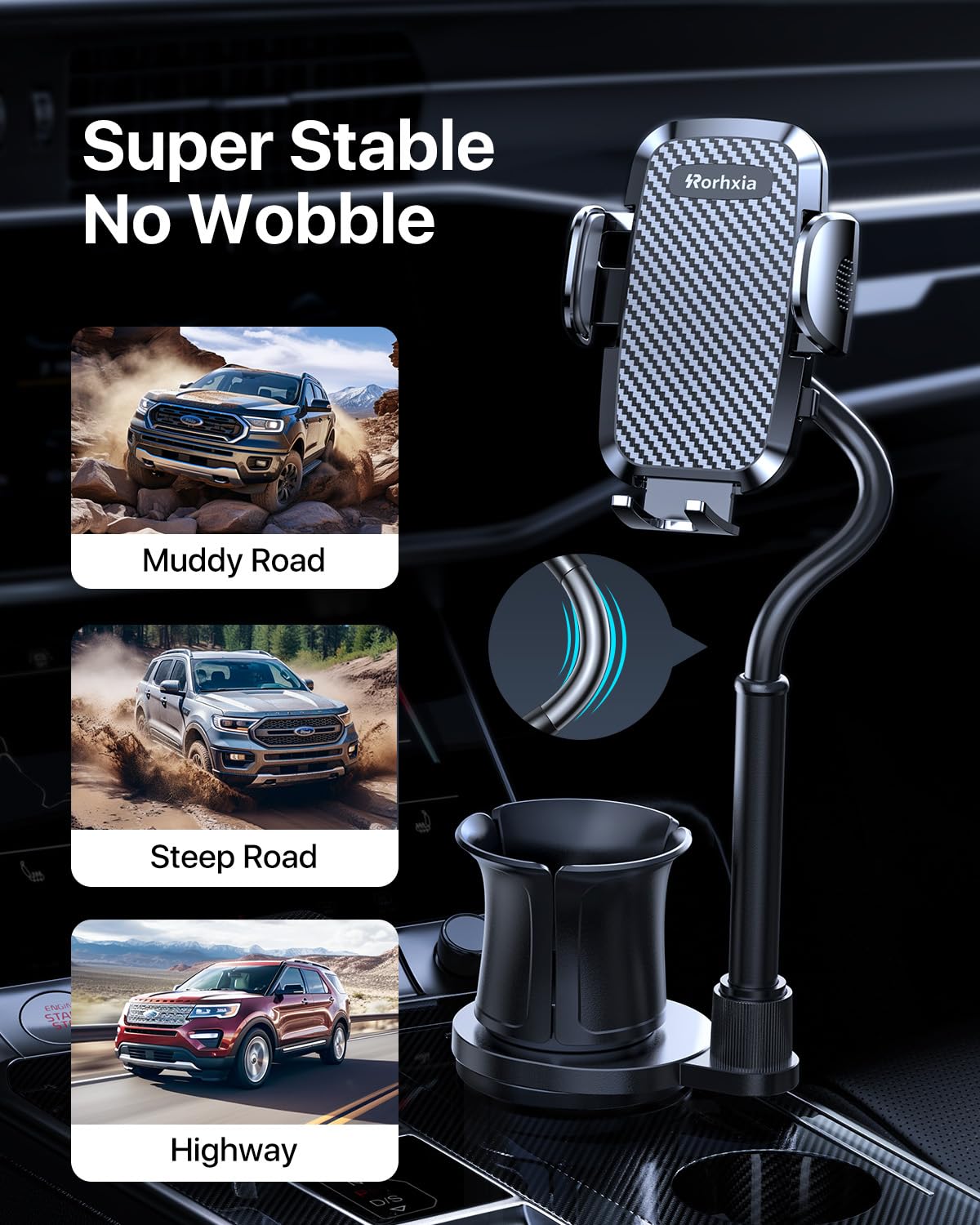 Rorhxia 15inch Cup Holder Phone Mount with Cup Expander [Enjoy Convenience and Flexibility] Drink Cup Phone Holder for Car/Truck/SUV, Adjustable Long Neck Compatible with iPhone, Samsung